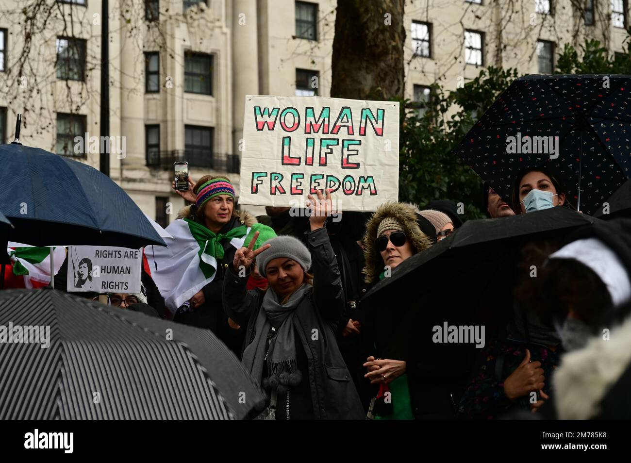 London, UK. 8th January 2023. Hundreds Iranian assembly demonstration ...