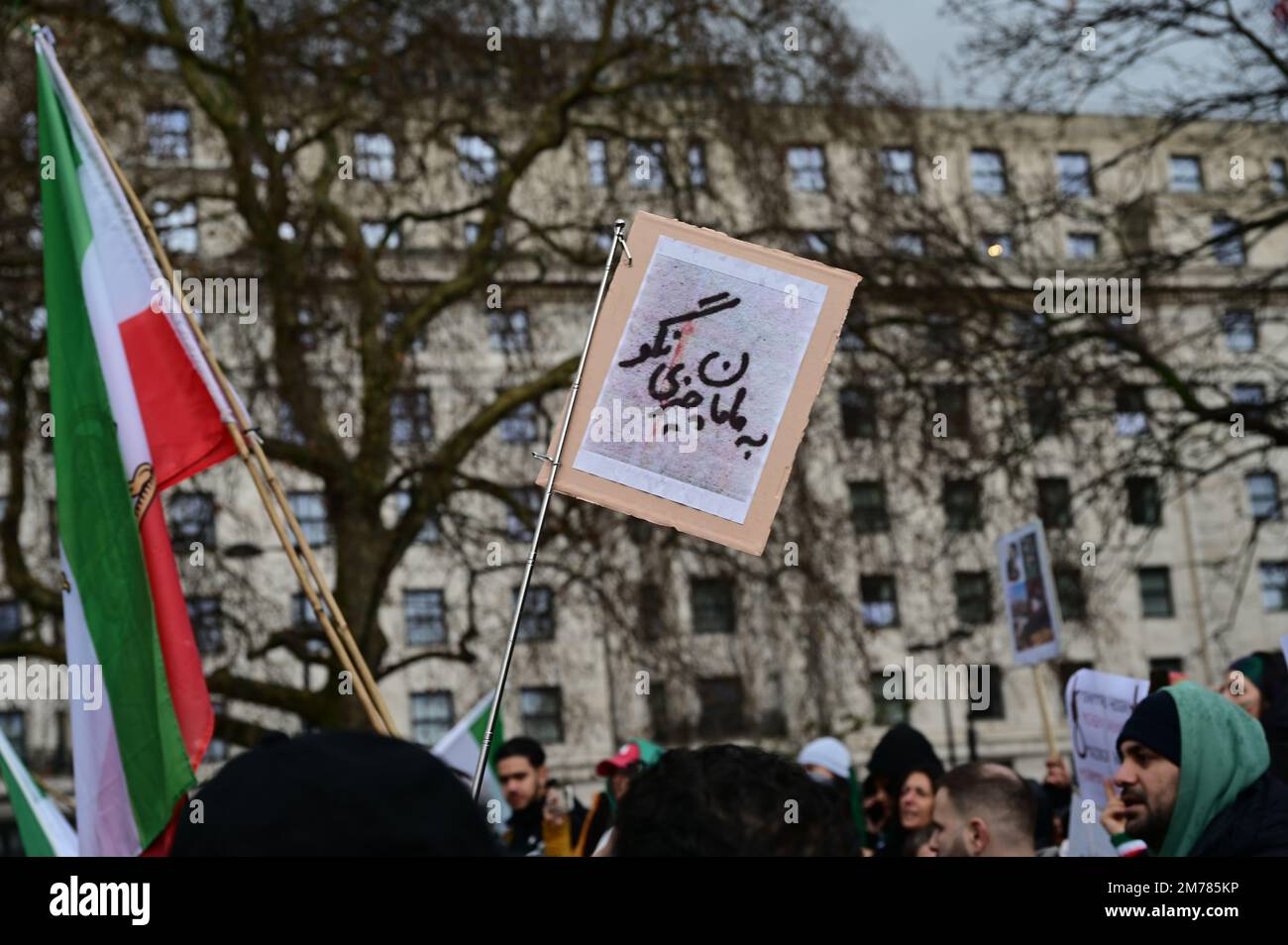 London, UK. 8th January 2023. Hundreds Iranian assembly demonstration ...