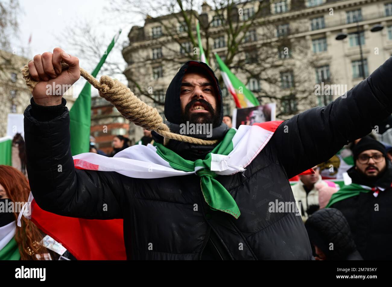London, UK. 8th January 2023. Hundreds Iranian assembly demonstration ...