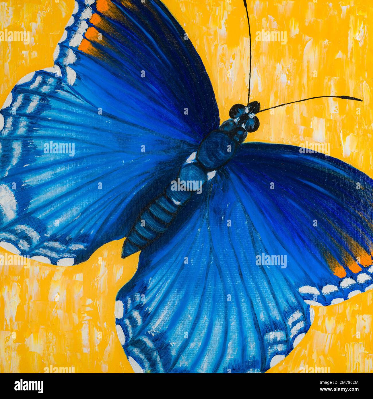 Abstract blue tropical Morpho butterfly on yellow background, oil ...