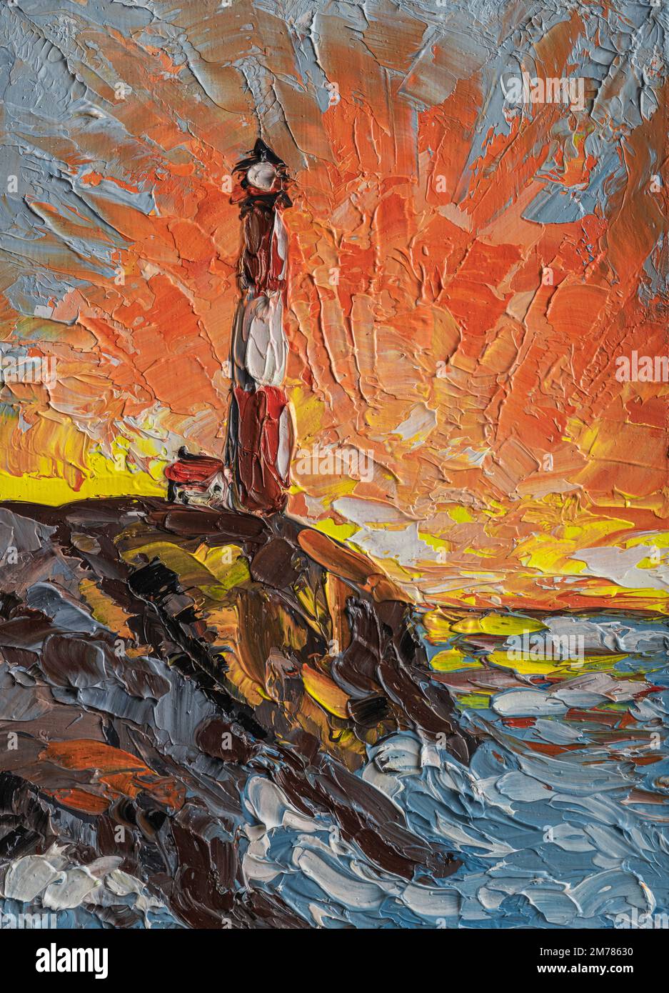 Sunset and lighthouse oil painting Stock Photo - Alamy