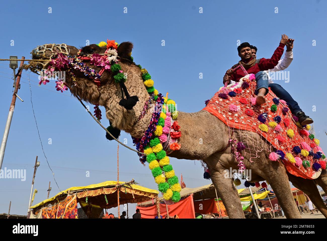 Prayagraj, India. 08th Jan, 2023. Prayagraj : Devotees ride on top of ...