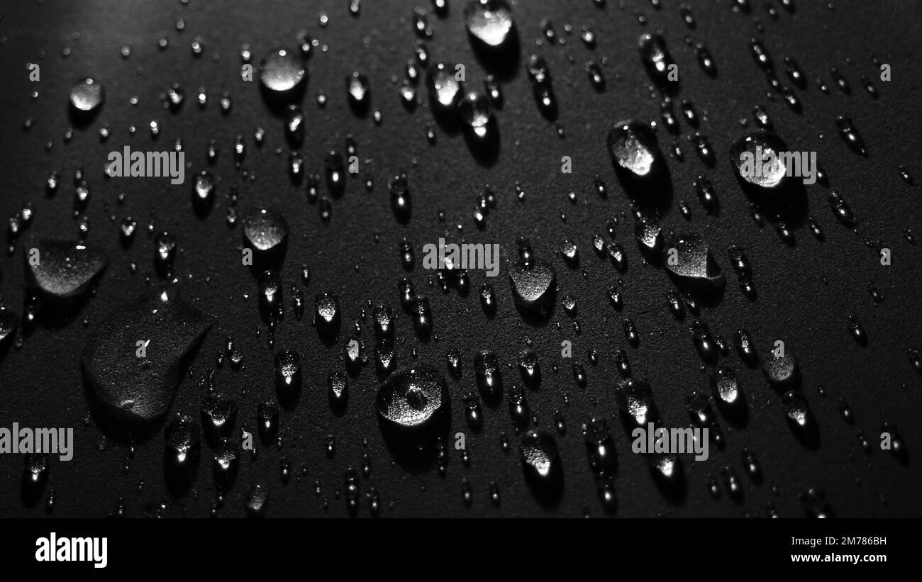 Round drops of water on dark background. Through transparent drops of ...