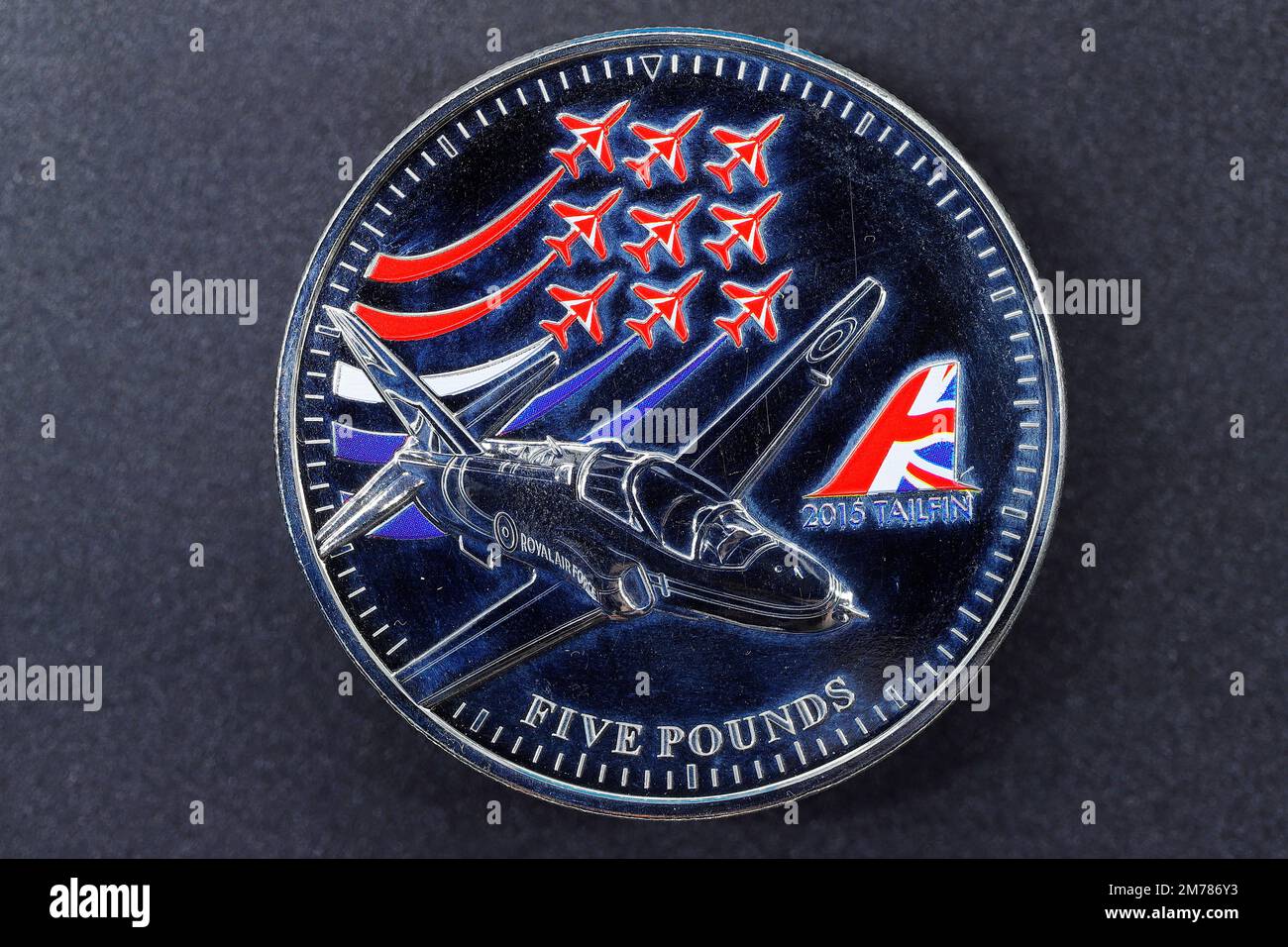 A commemorative £5 coin featuring the Red Arrows Formation team Stock ...
