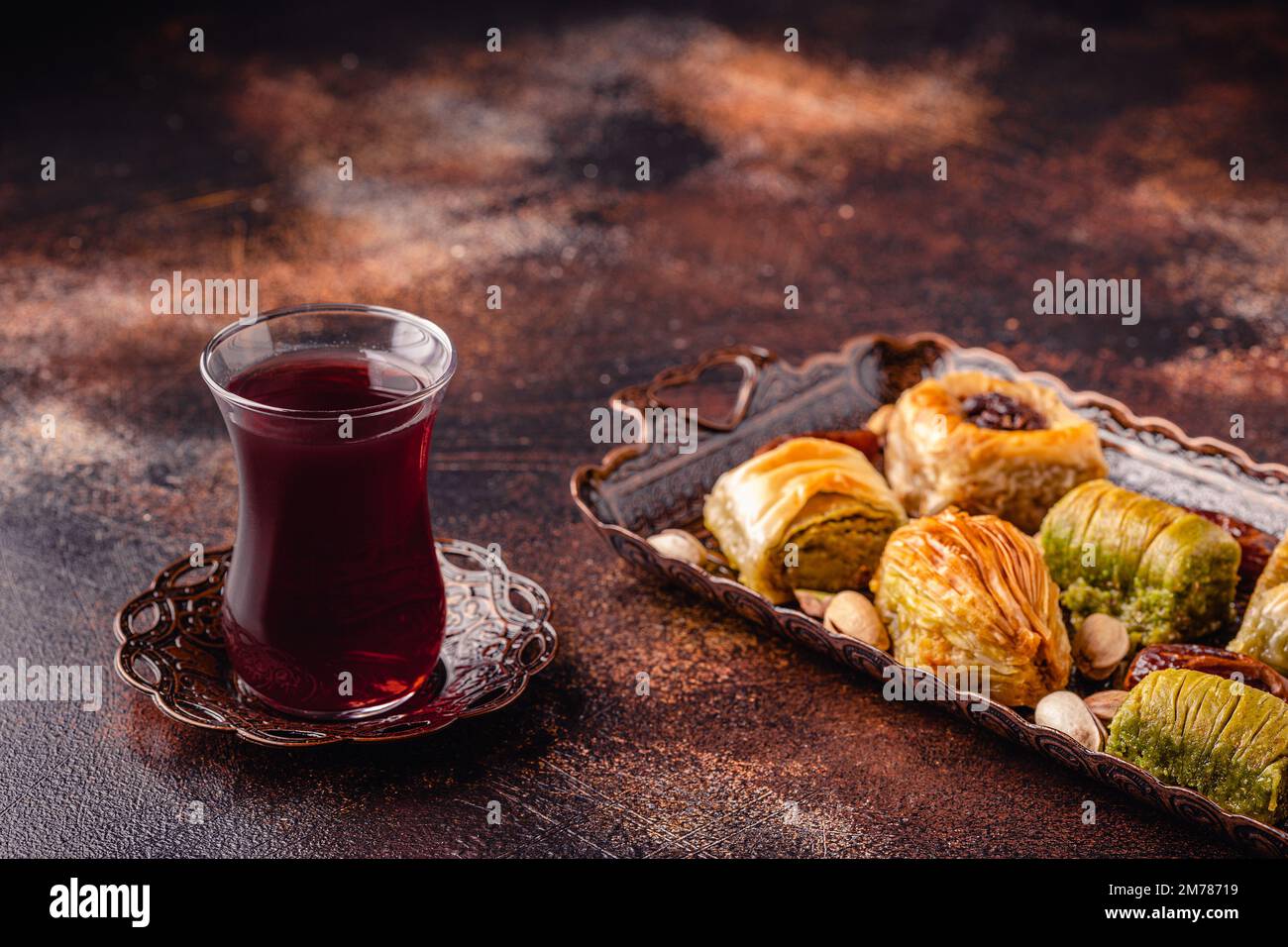 Traditional turkish, arabic sweets baklava with Turkish tea Stock Photo ...