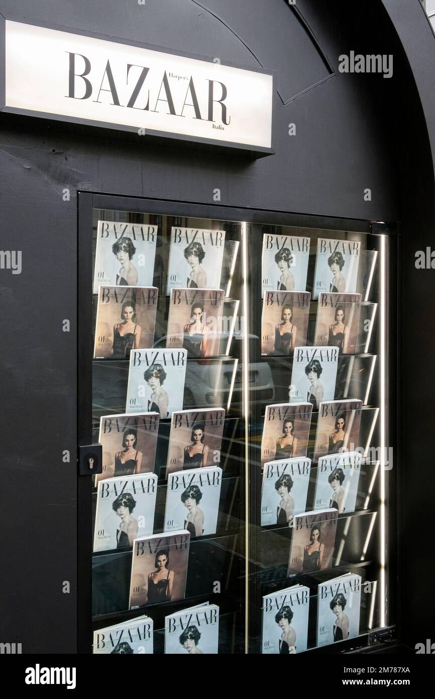 Harper's Bazaar magazines in a newspaper stand in the center of Milan ...