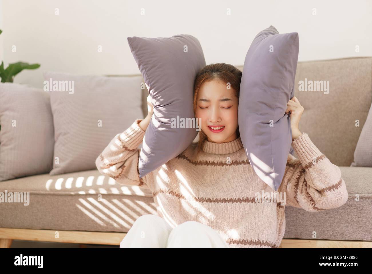 Rest time concept, Women stressful and sad while sitting on the floor ...