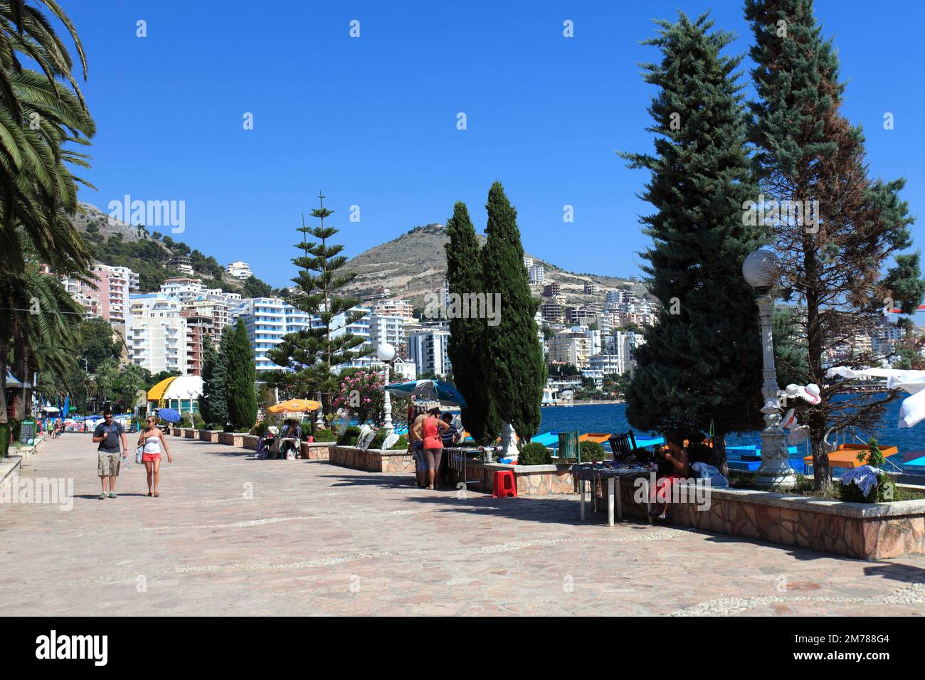 Summer view of the beach and promenade, Saranda Town, Albania, Europe ...