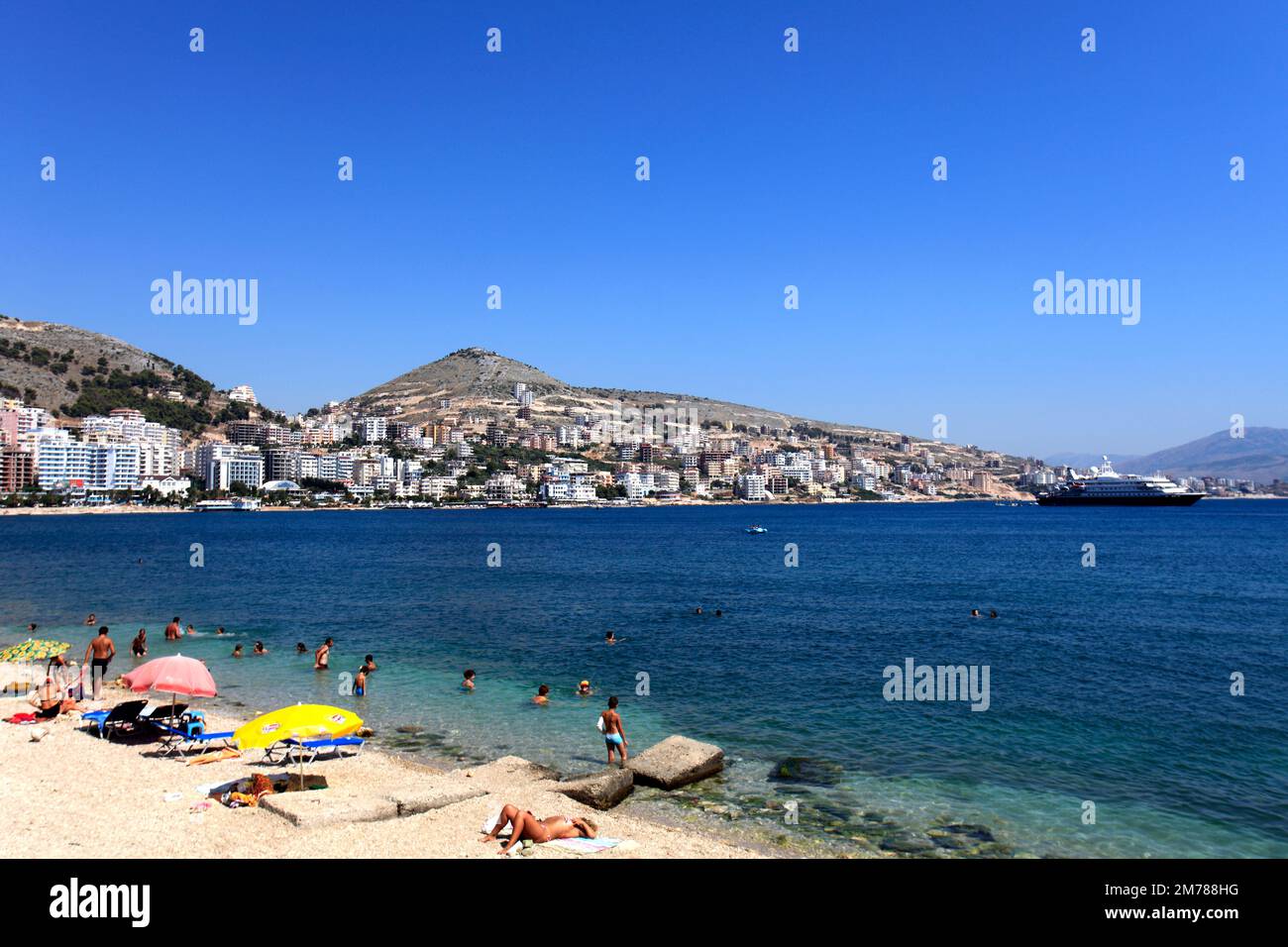 Summer view of the beach and promenade, Saranda Town, Albania, Europe ...
