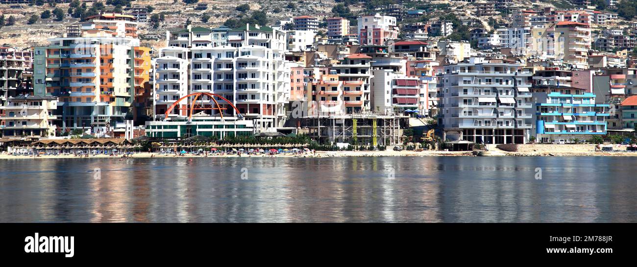 Summer view of the beach and promenade, Saranda Town, Albania, Europe ...