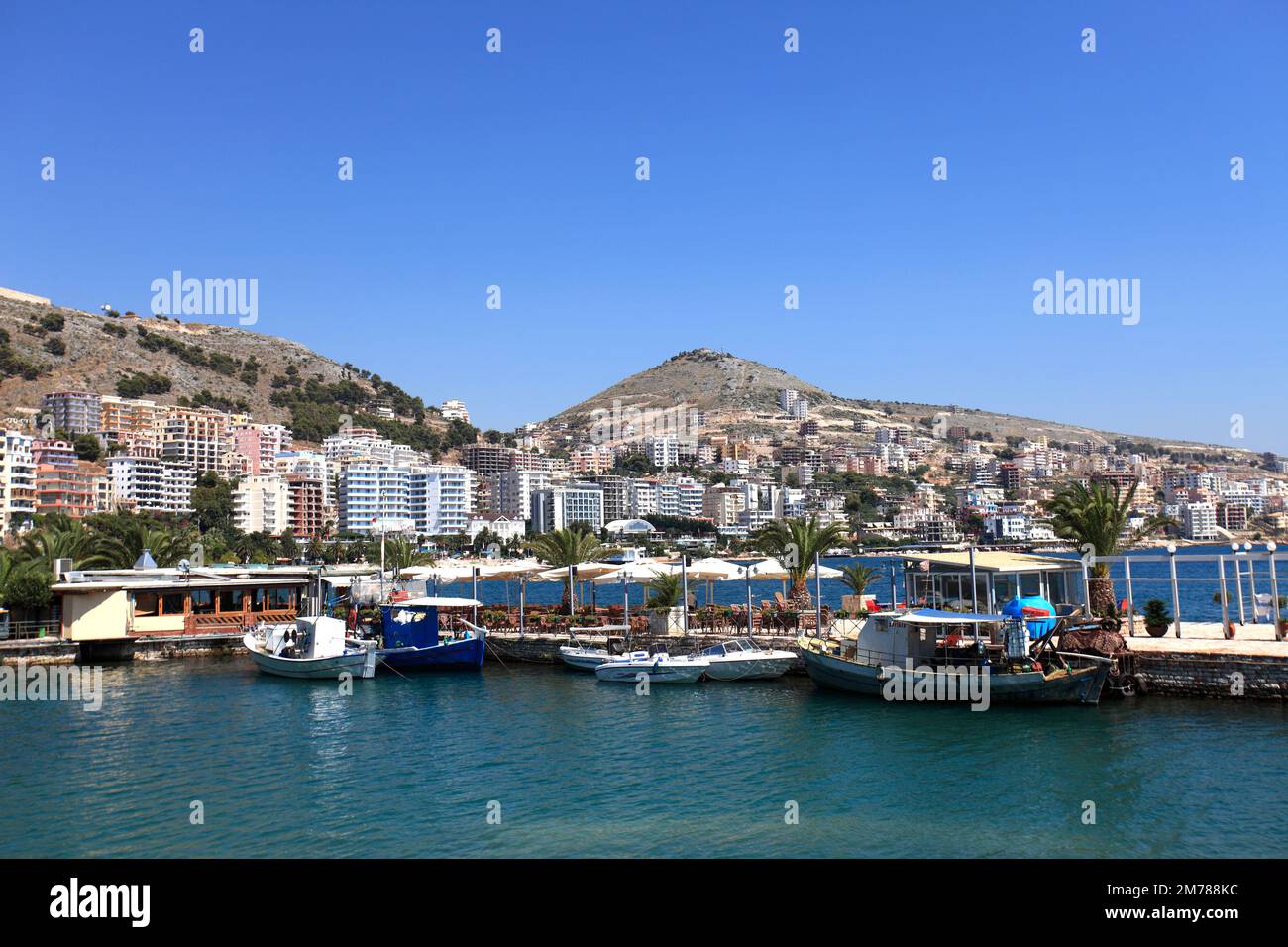 Summer view of the fishermans harbour, Saranda Town, Saranda District ...