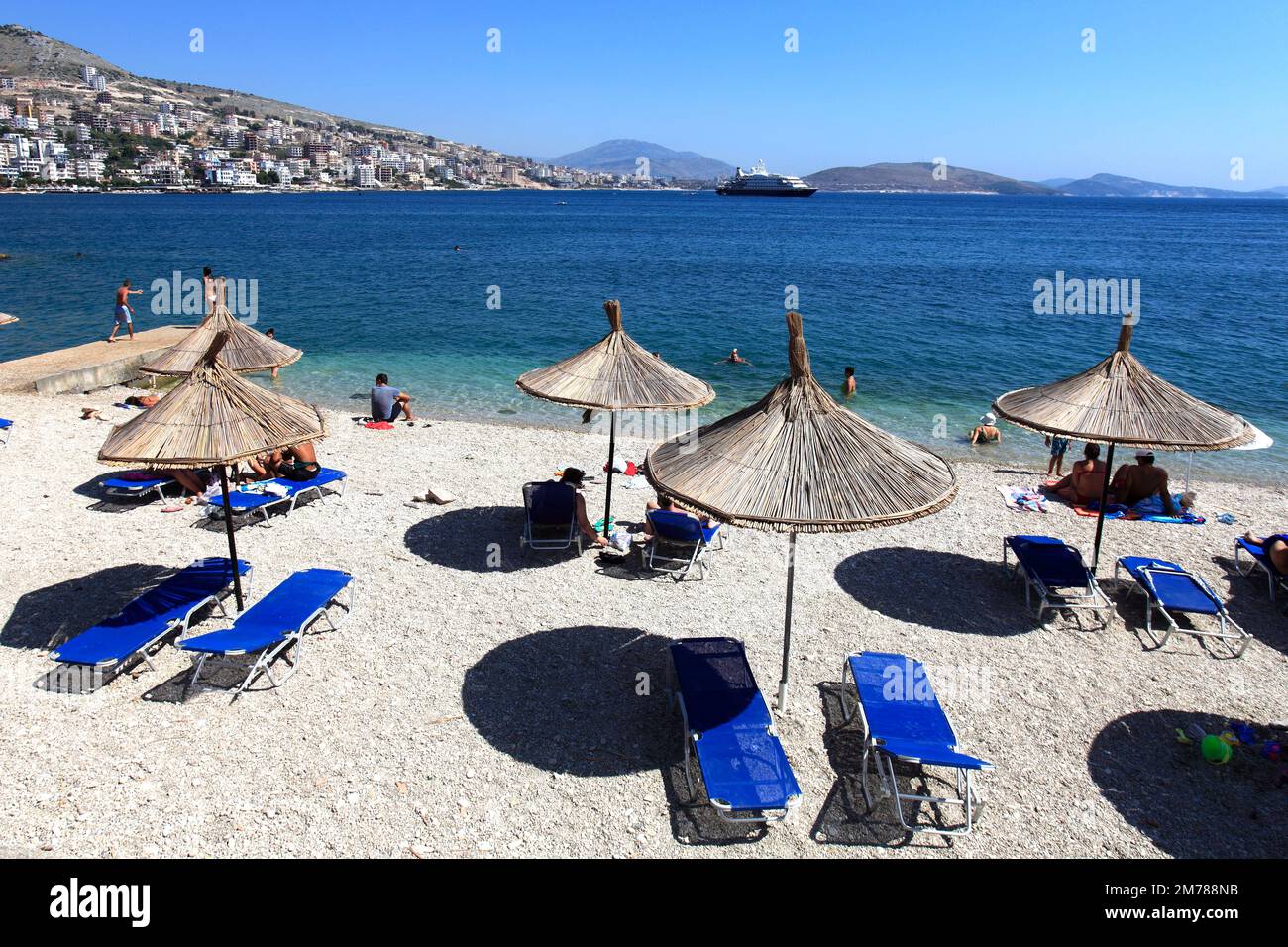 Summer view of the beach and promenade, Saranda Town, Albania, Europe ...