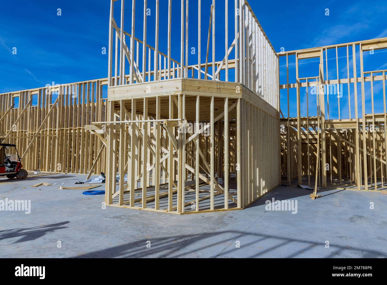 Framework beams of under construction new house being built in ...