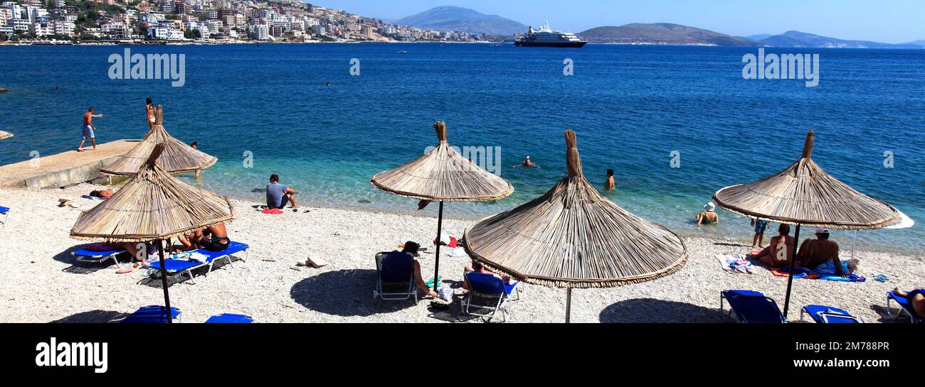 Summer view of the beach and promenade, Saranda Town, Albania, Europe ...