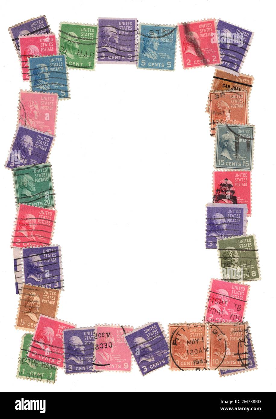Vintage used postage stamps from the USA isolated on a white background ...