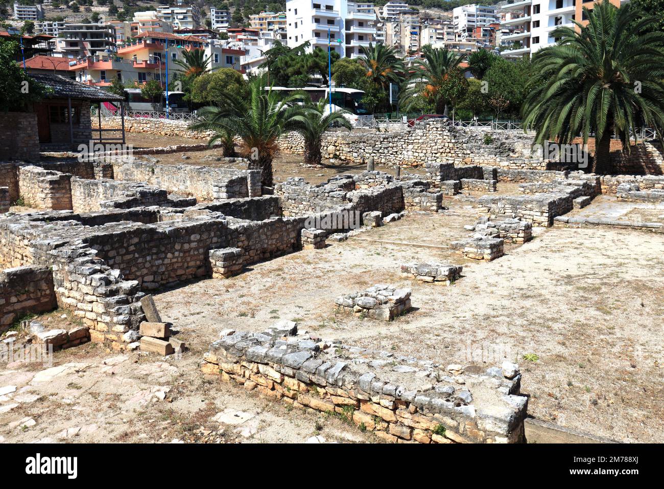 Summer view of the Jewish Synagogue ruins, Saranda town, Saranda District, Southern Albania ...