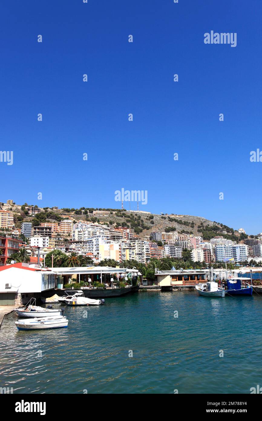 Summer view of the fishermans harbour, Saranda Town, Saranda District ...