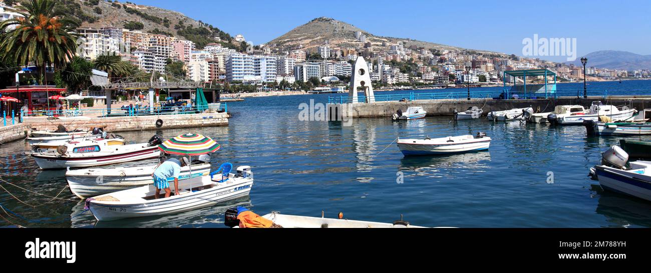 Summer view of the fishermans harbour, Saranda Town, Saranda District ...