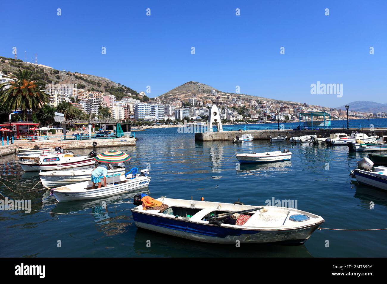 Summer view of the fishermans harbour, Saranda Town, Saranda District ...