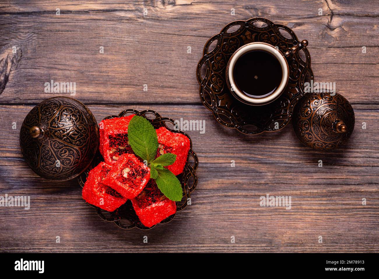 Turkish Delight and Traditional Turkish Coffee. Top view Stock Photo ...