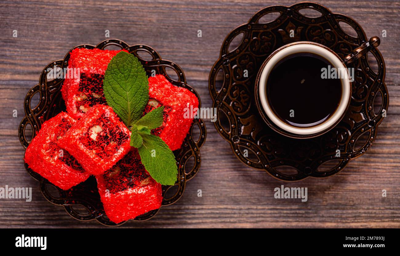 Turkish Delight and Traditional Turkish Coffee. Top view Stock Photo ...