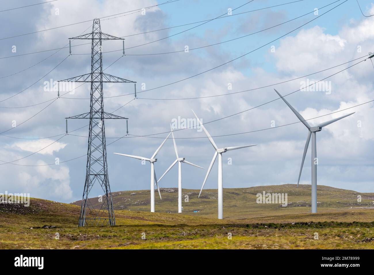Electricity powerlines marching across a Scottish moor, with Wind ...