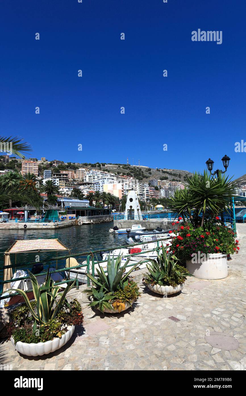 Summer view of the fishermans harbour, Saranda Town, Saranda District ...