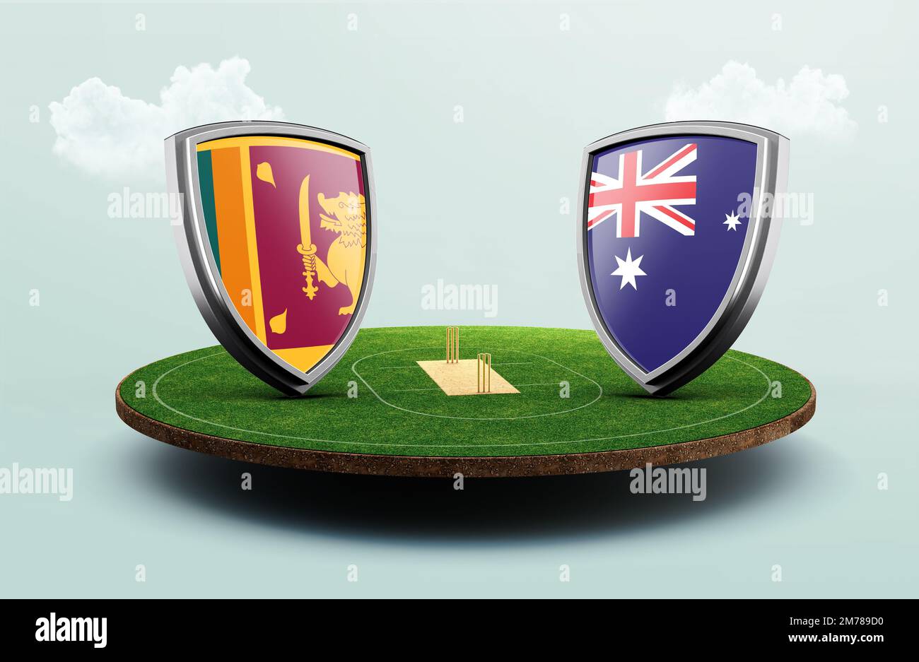The 3d rendering of Sri Lanka vs Australia cricket flags on shields in ...