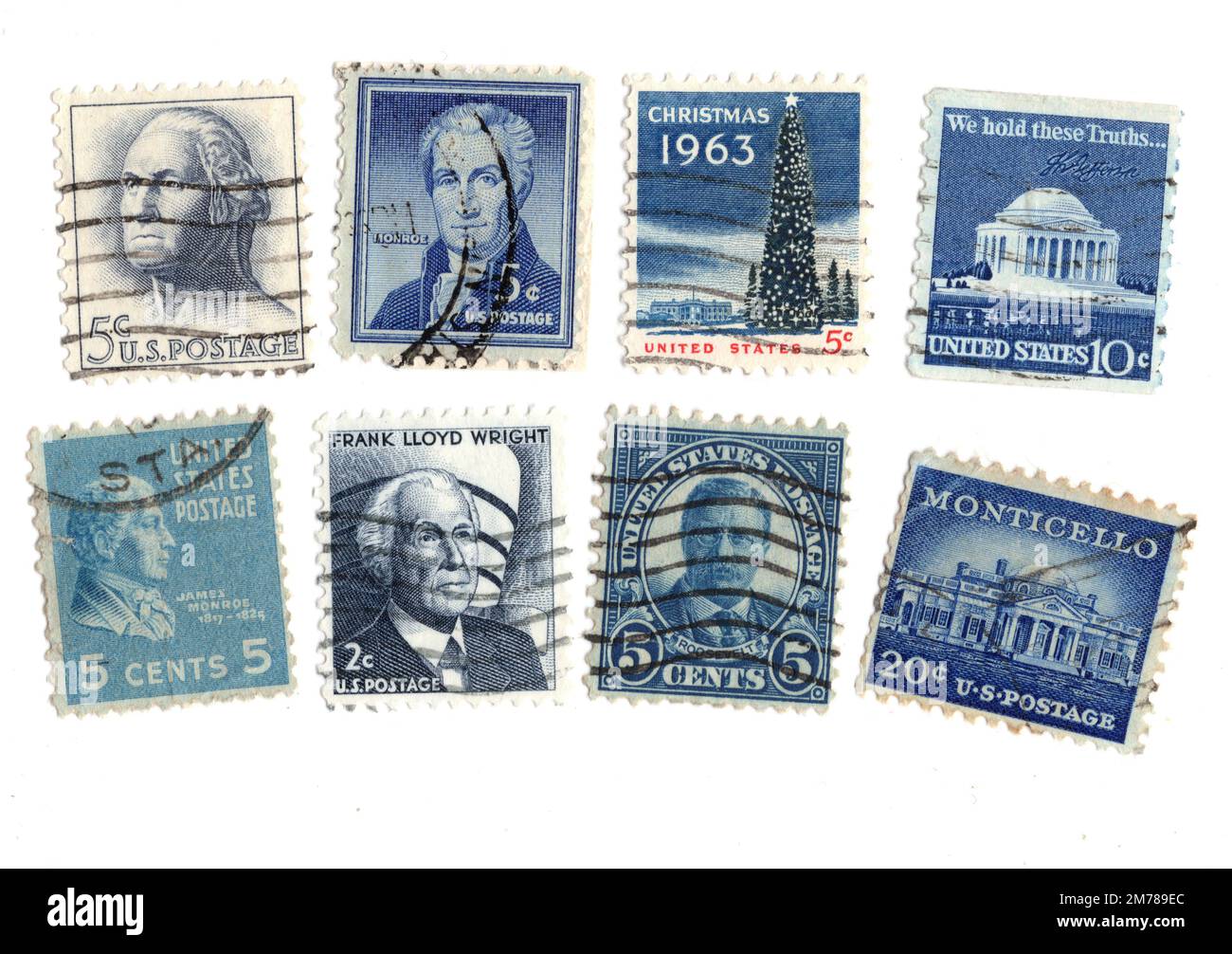 Vintage used postage stamps from the USA isolated on a white background ...