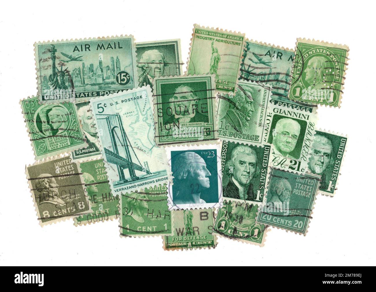 Vintage used postage stamps from the USA isolated on a white background ...