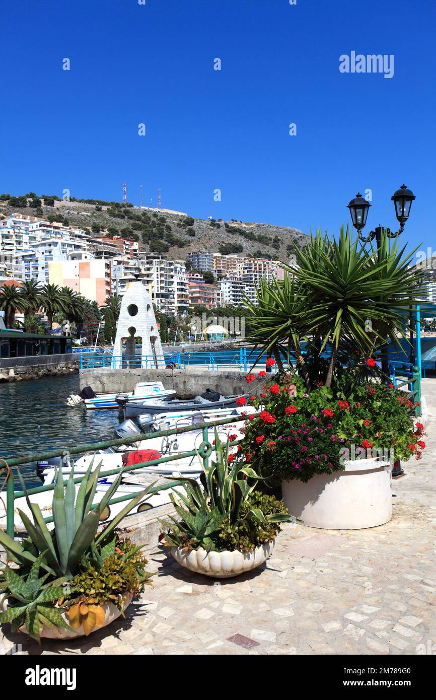 Summer view of the fishermans harbour, Saranda Town, Saranda District ...