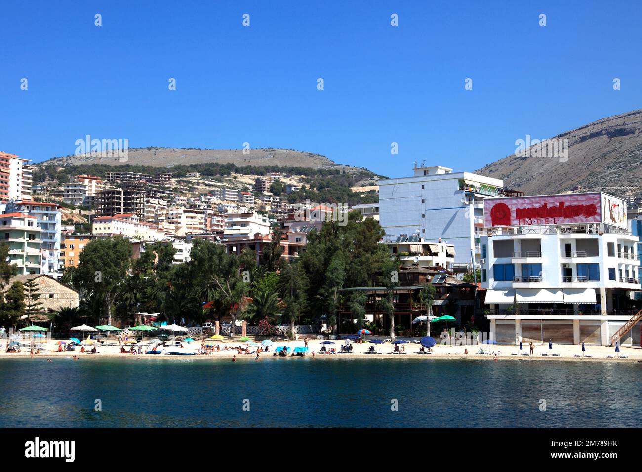 Summer view of the beach and promenade, Saranda Town, Albania, Europe ...