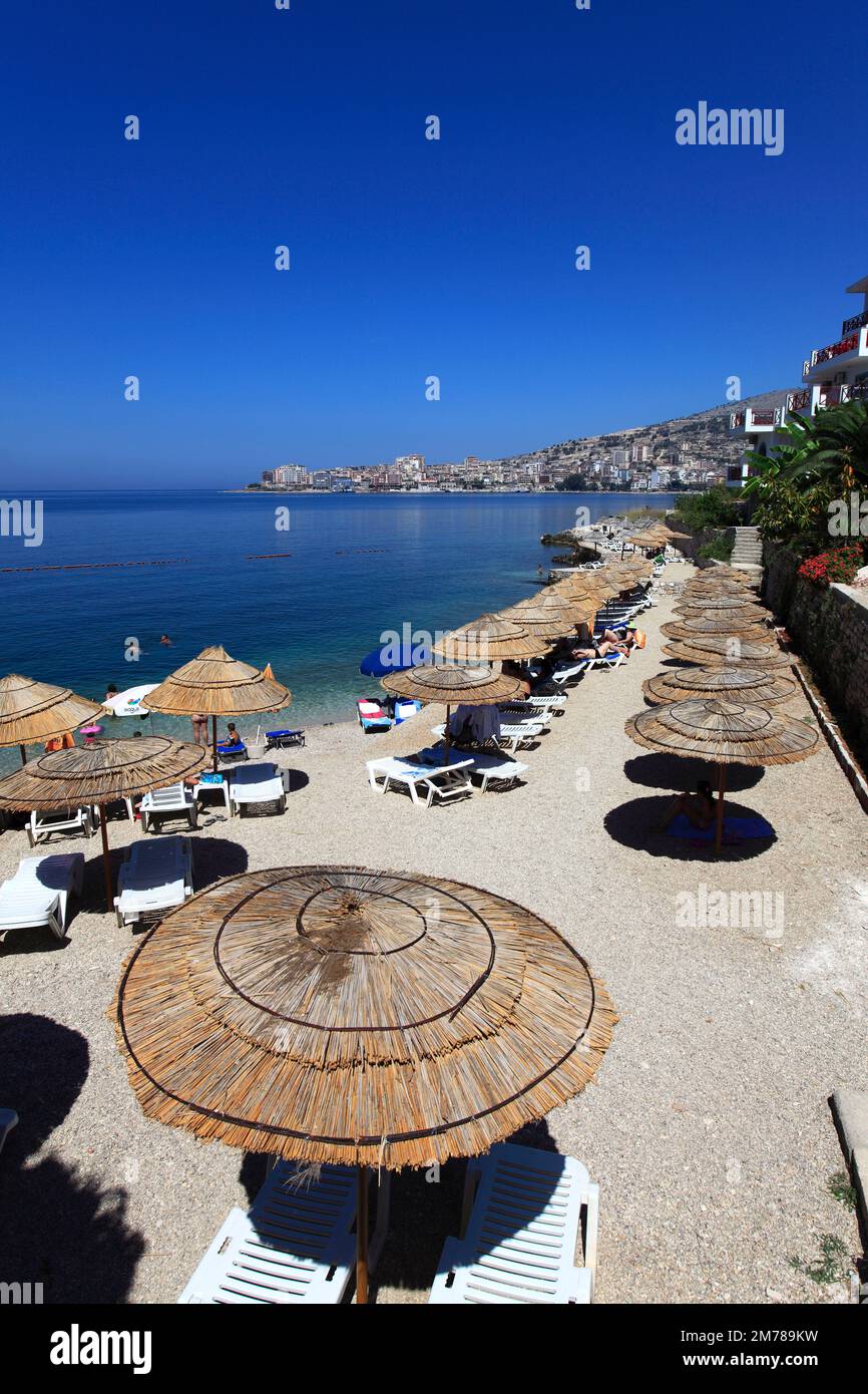 Summer view of the beach and promenade, Saranda Town, Albania, Europe ...