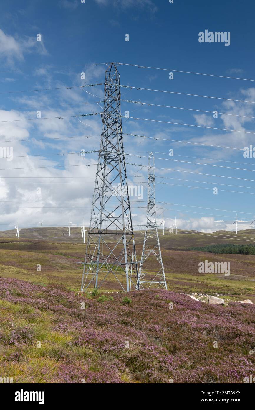 Electricity powerlines marching across a Scottish moor, with Wind ...