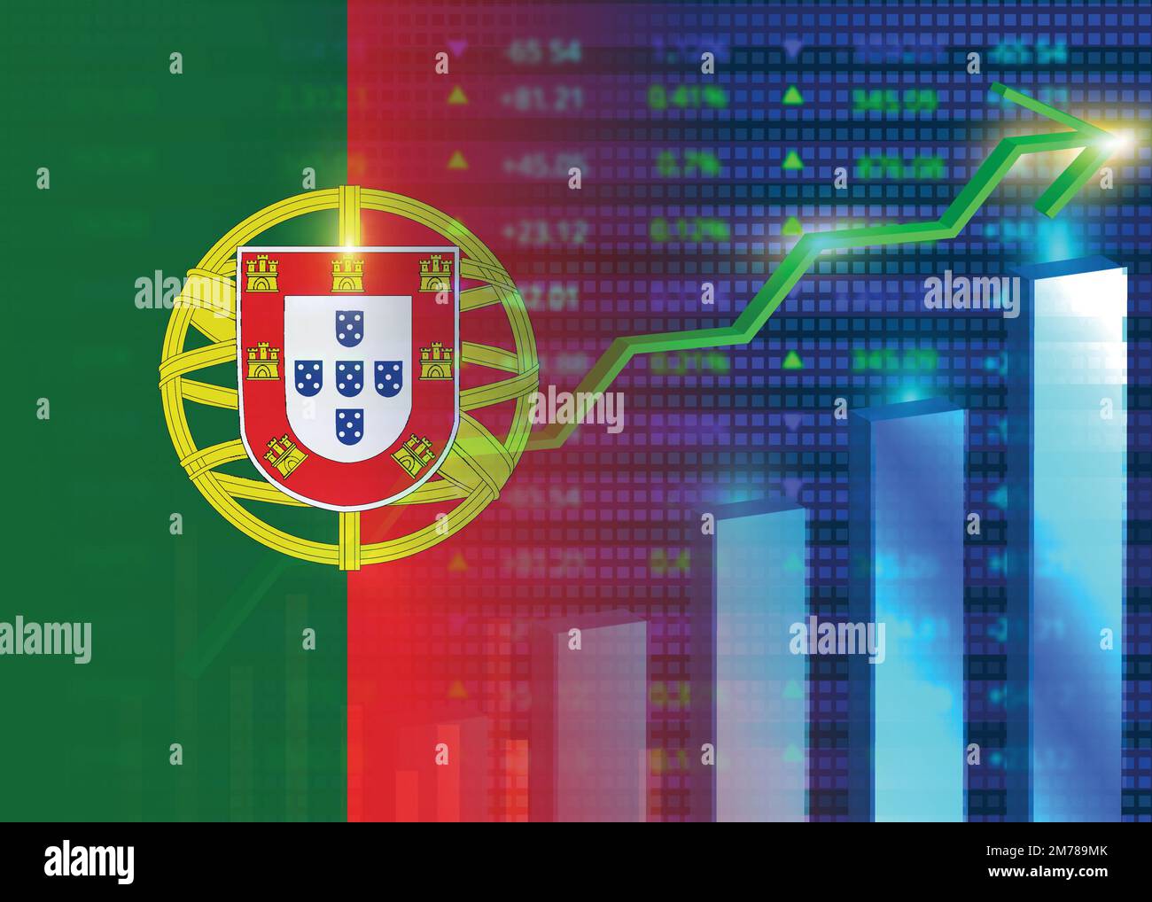 Economic growth in Portugal.Portugal's stock market.MPortugal flag with ...