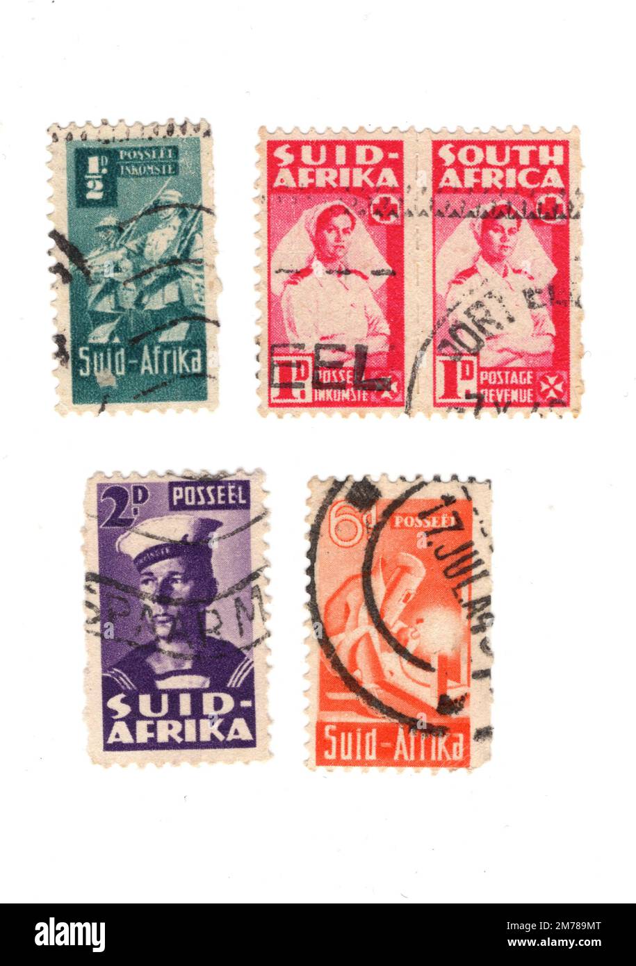 Vintage used postage stamps from South Africa isolated on a white ...