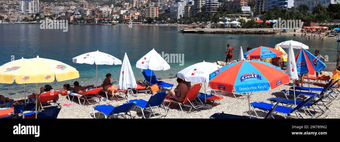 Summer view of the beach and promenade, Saranda Town, Albania, Europe ...