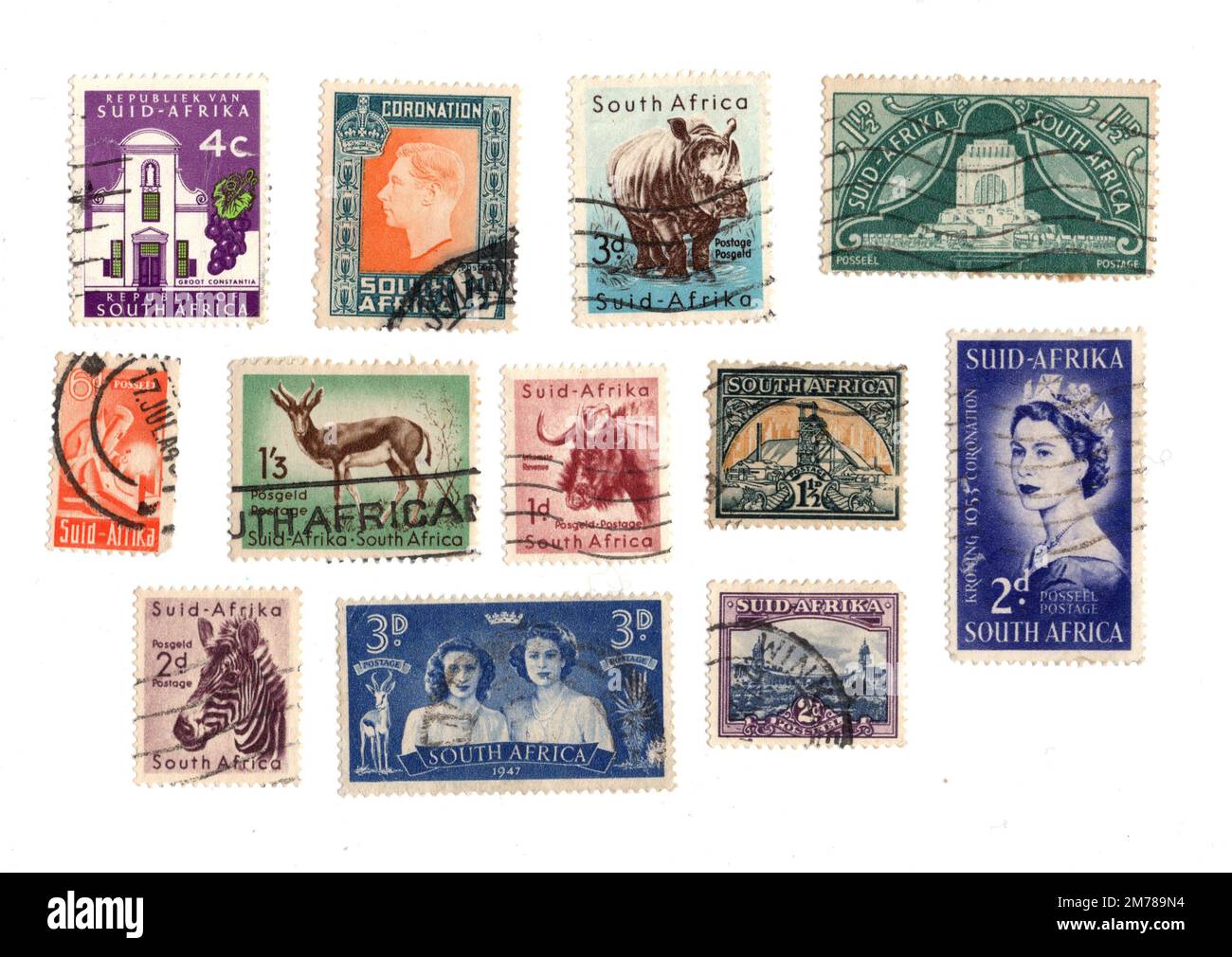 Vintage used postage stamps from South Africa isolated on a white ...