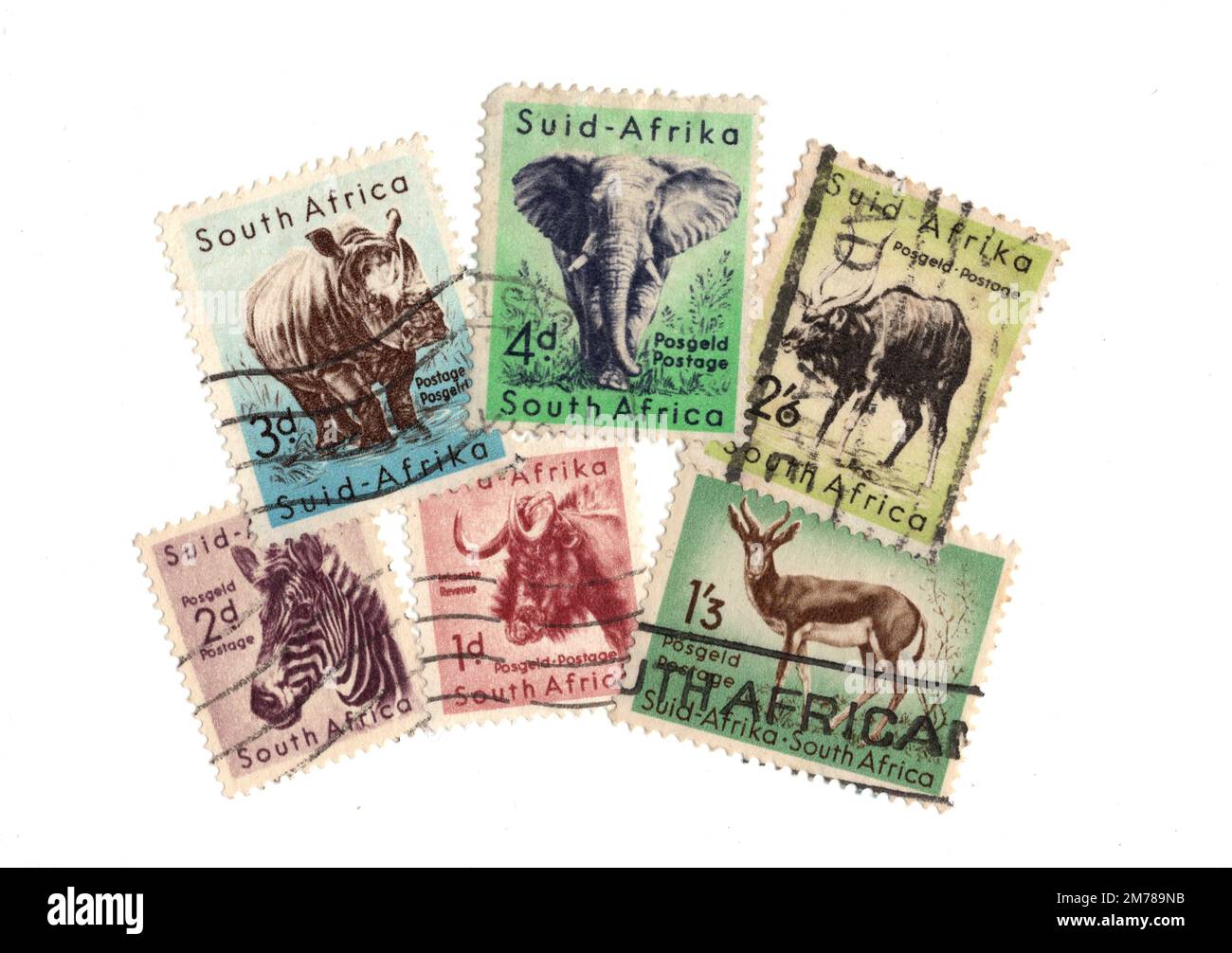 Vintage used postage stamps from South Africa isolated on a white ...