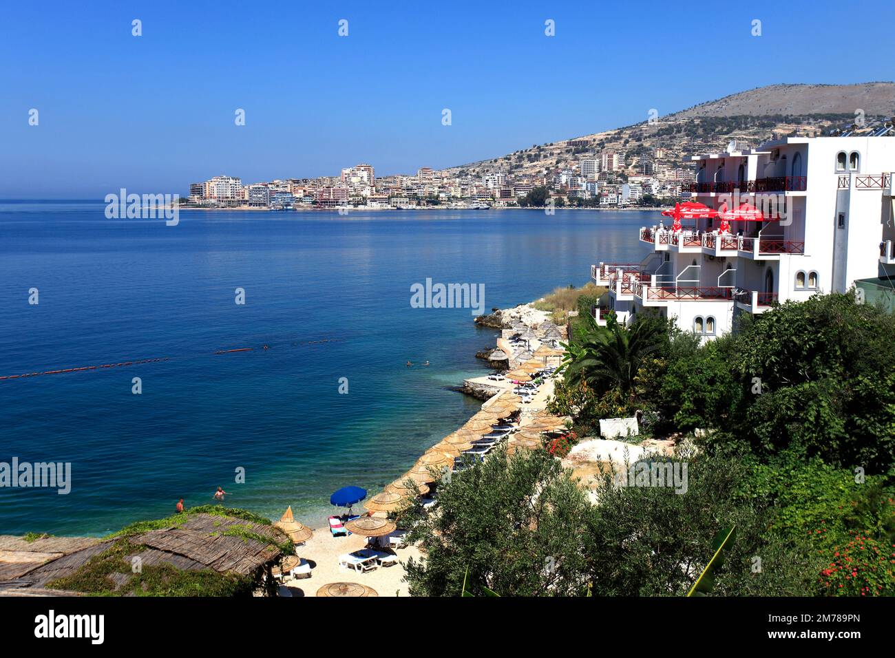 Summer view of the beach and promenade, Saranda Town, Albania, Europe ...