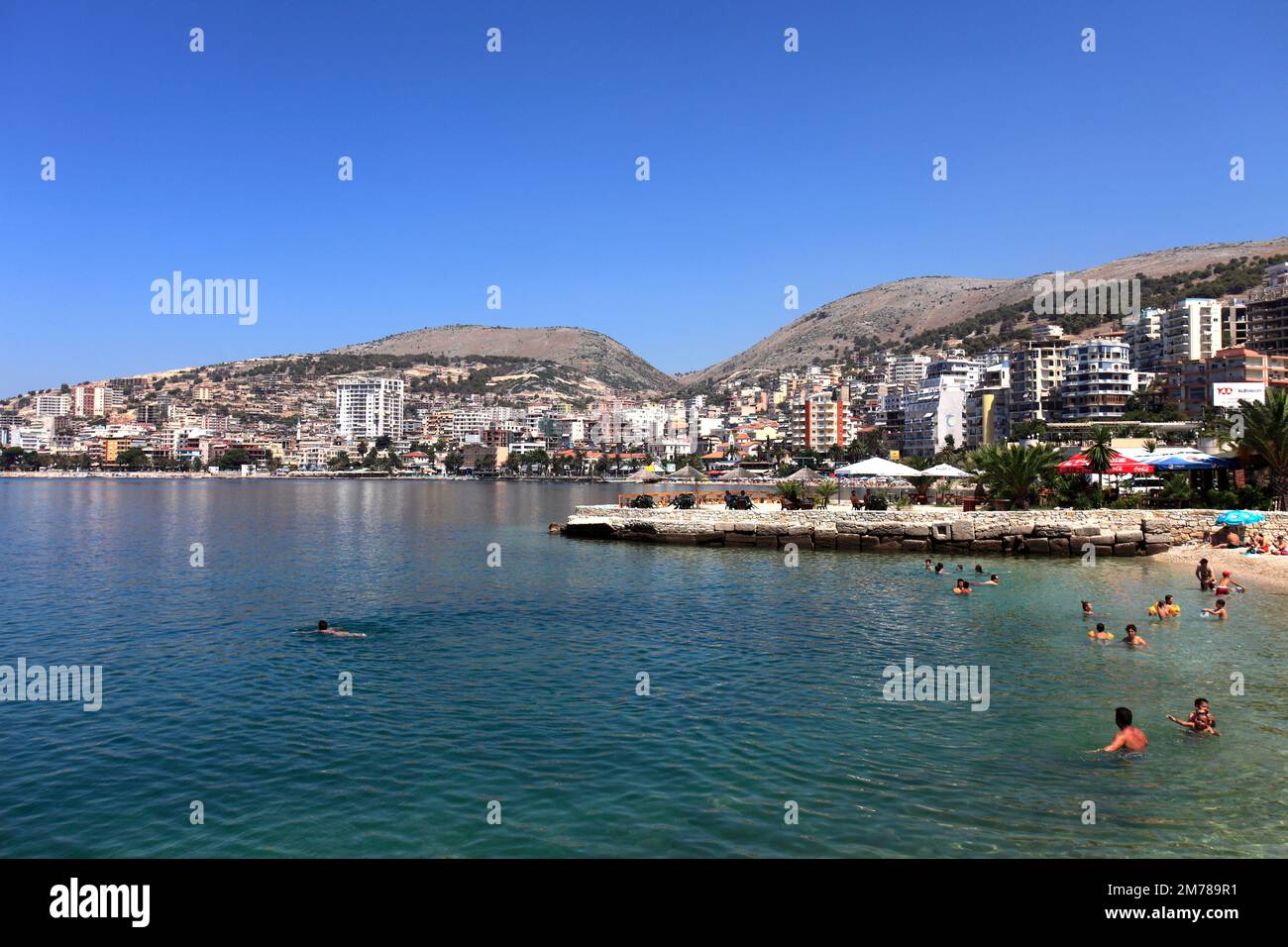 Summer view of the beach and promenade, Saranda Town, Albania, Europe ...