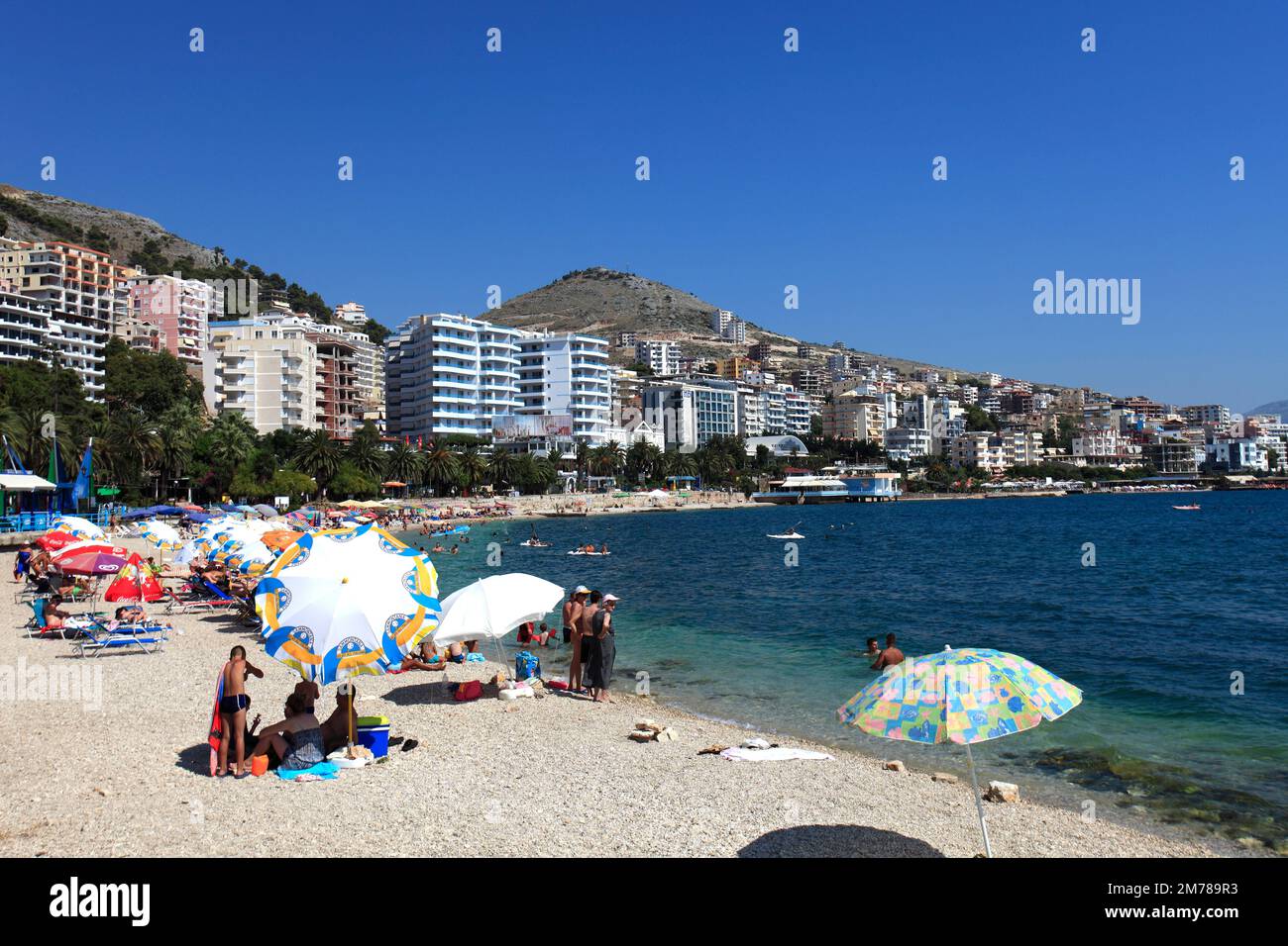 Summer view of the beach and promenade, Saranda Town, Albania, Europe ...