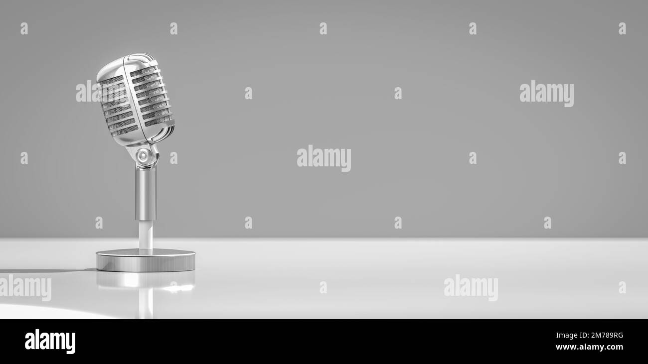 Retro microphone for press conference or interview on white desk and ...