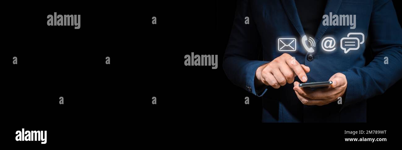 Businessman touching icon mobile phone, mail, telephone and address ...