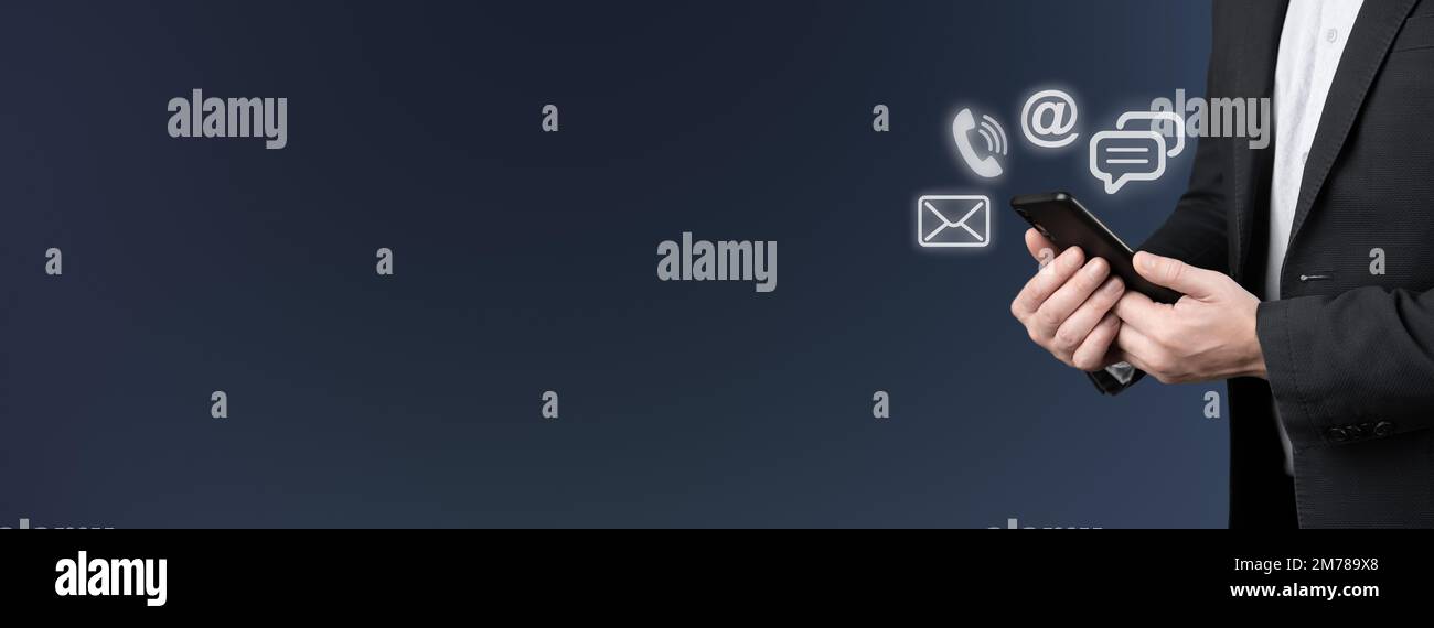 Contact Us, Hand Businessman holding mobile cellphone with mail, phone ...