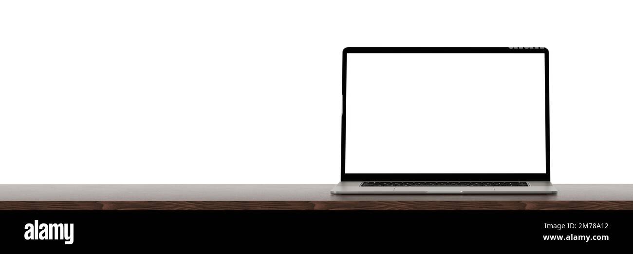 Laptop blank screen mockup on wooden table. Front view laptop on work ...