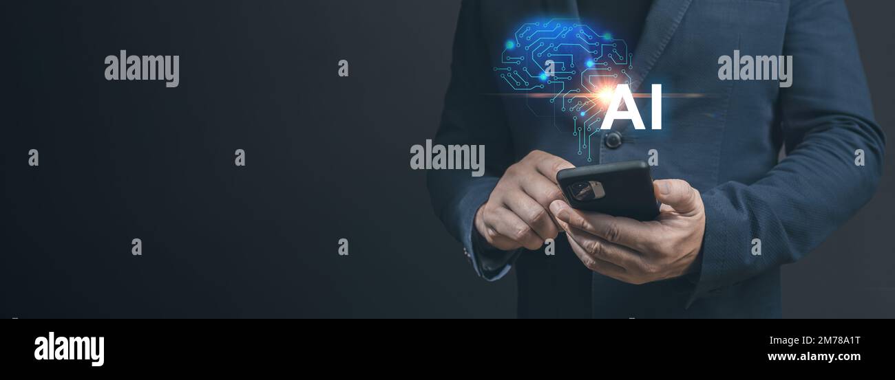 Businessman holding mobile phone digital assistant conversation for ...