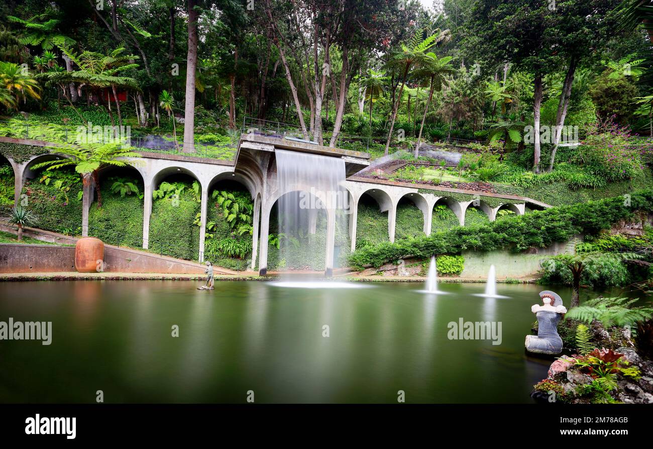 Monte Tropical Gardens with waterfall to lake, Funchal, Madeira island ...