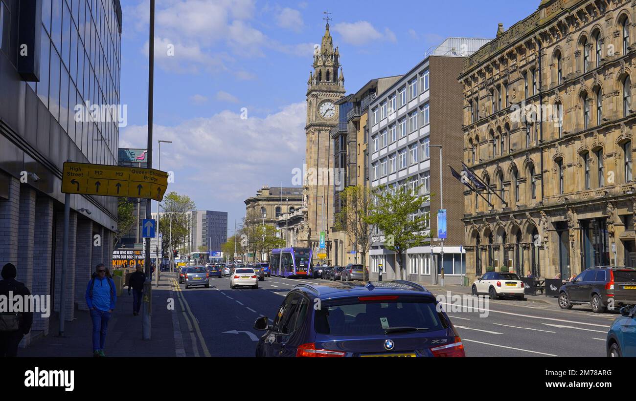 Streets of Belfast with Monument Tower - BELFAST, UK - APRIL 25, 2022 ...
