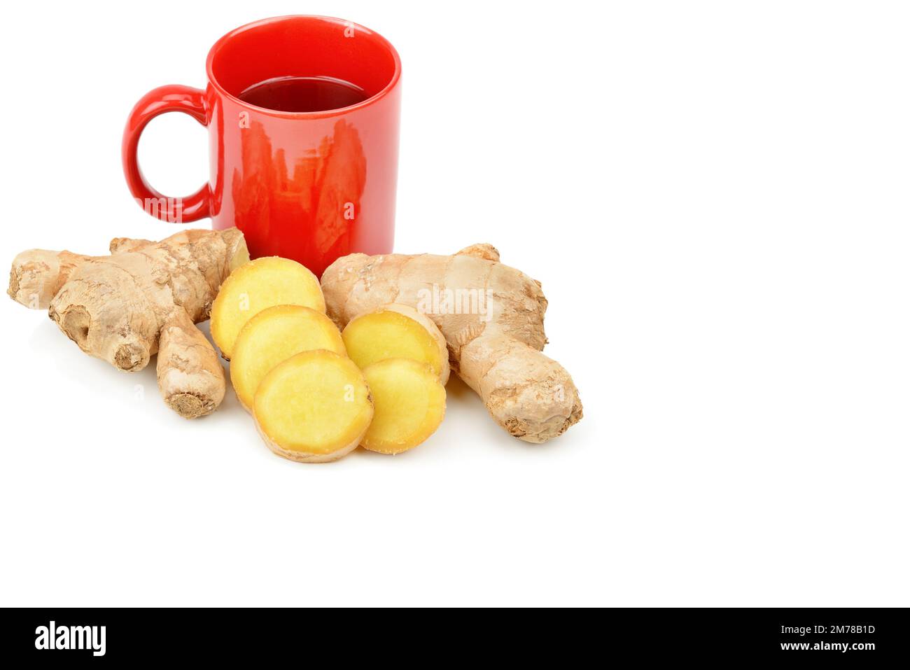 Ginger root and ginger tea isolated on white background. Useful drink ...